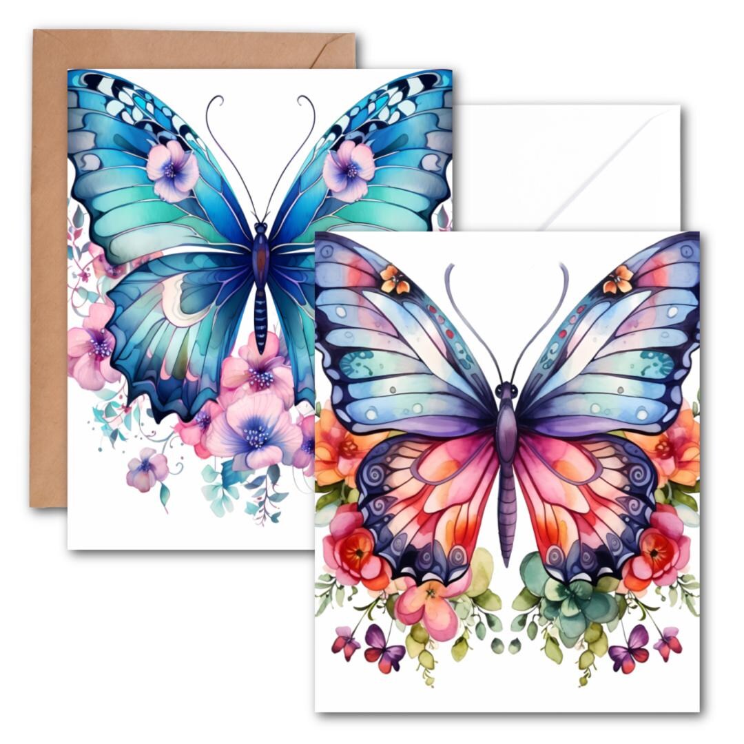 Butterfly Flower Note Card Set, 10 Floral Note Cards, 10 Butterfly Note ...