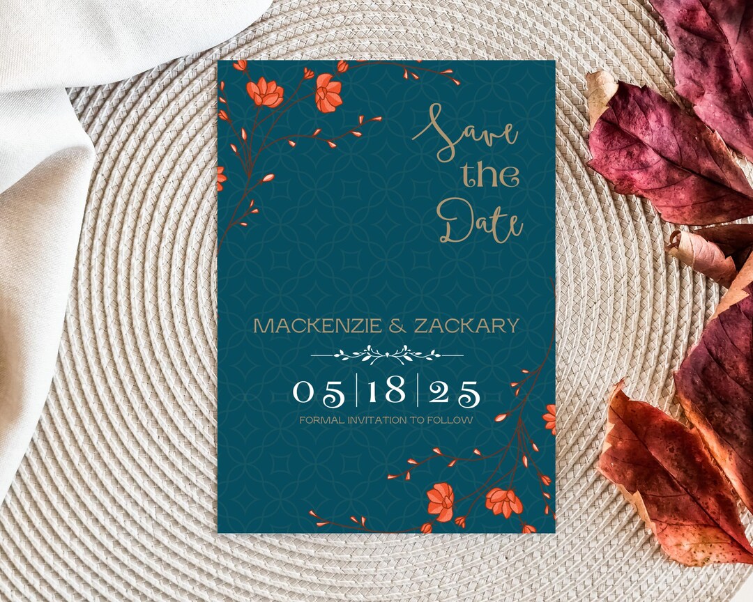 Boho Wedding Save the Date Template Download, Teal Wedding Invitations ...