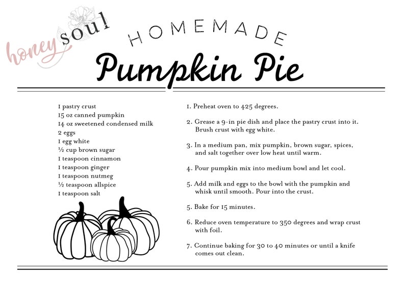 Homemade Pumpkin Pie Recipe Sign Download - Etsy