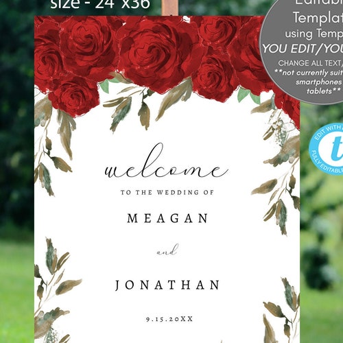 Red Roses Wedding Welcome Sign Printable Red Flowers Welcome - Etsy