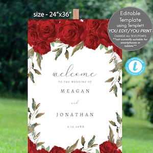 Red Roses Welcome Sign Template, Printable Welcome Sign, Floral Welcome ...