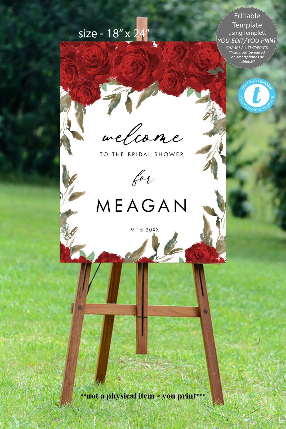 Red Roses Welcome Sign Editable Template, Greenery Red Roses Bridal ...