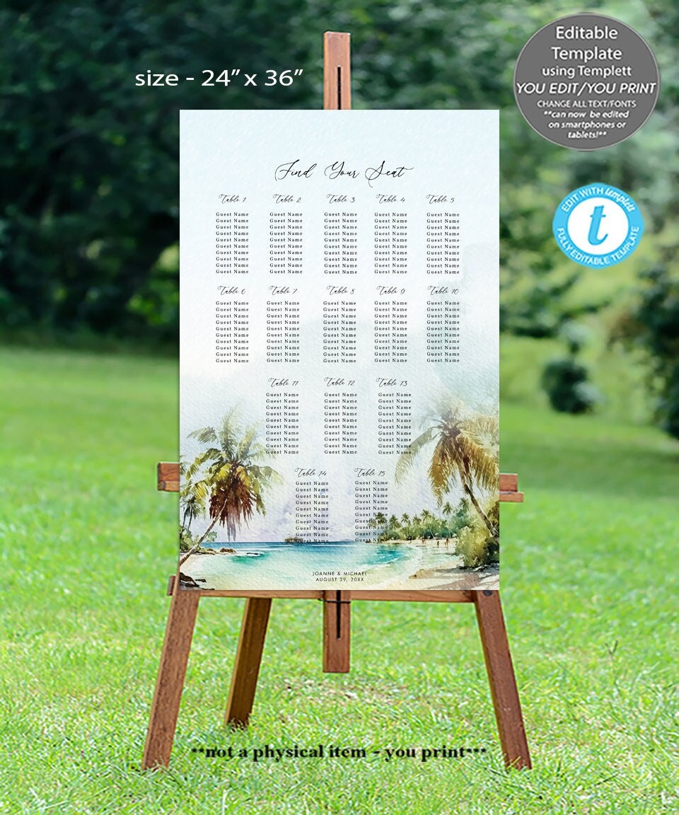 Beach Seating Chart Editable Template, Summer Wedding Seat Chart, 24x36 ...