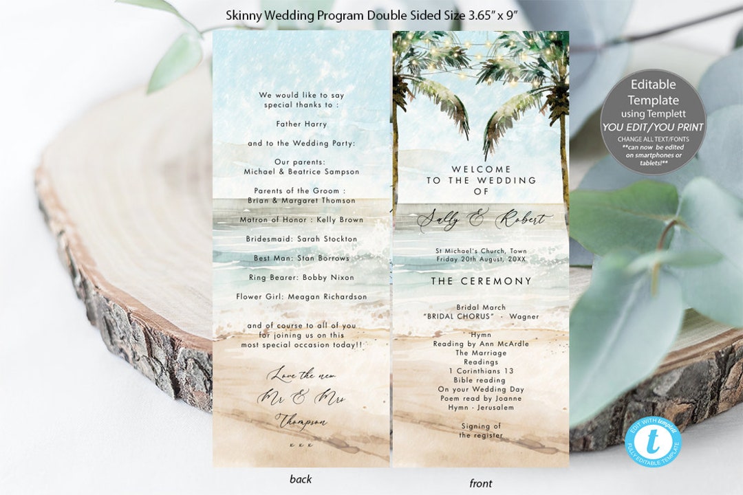 Tropical Beach Skinny Wedding Program Editable Template, Editable Beach ...