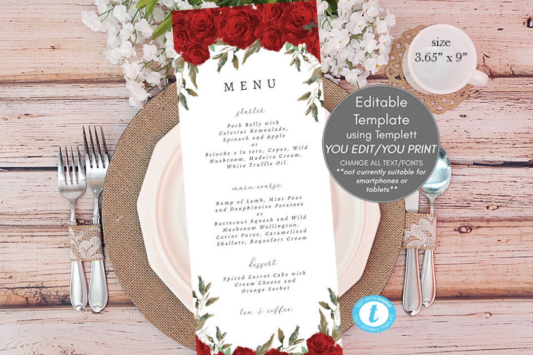 Red Roses Wedding Menu Printable, Wedding Menu Template, Editable Menu ...