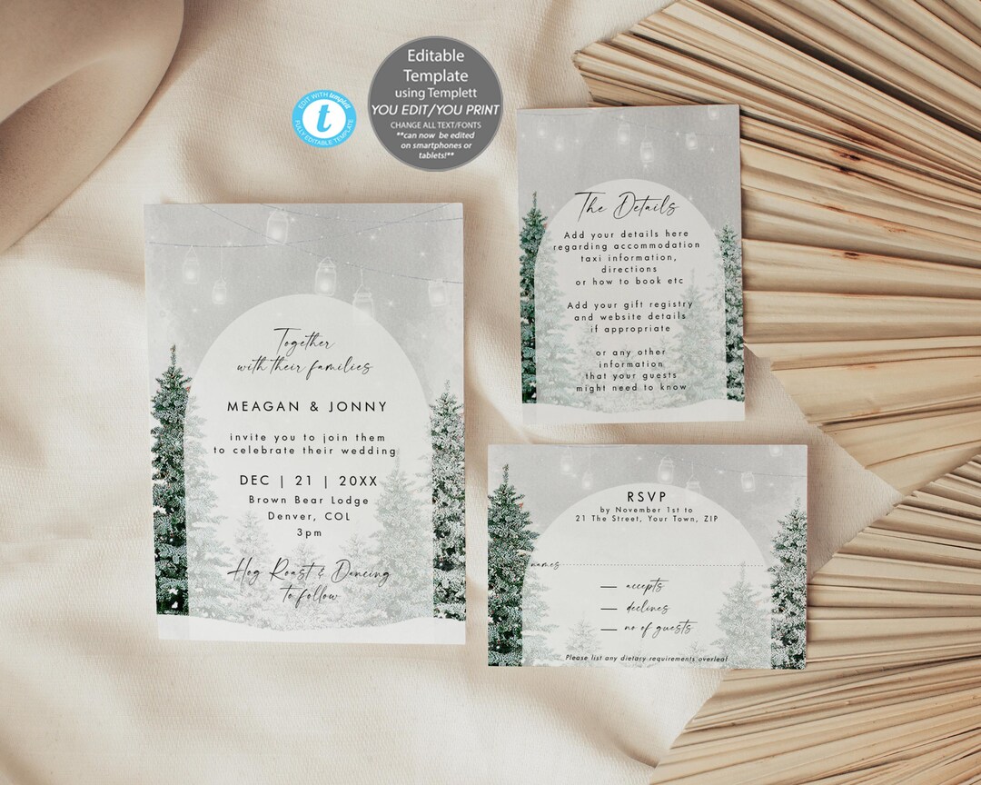 Winter Wedding Invitation Set Editable Templates, Christmas Wedding ...