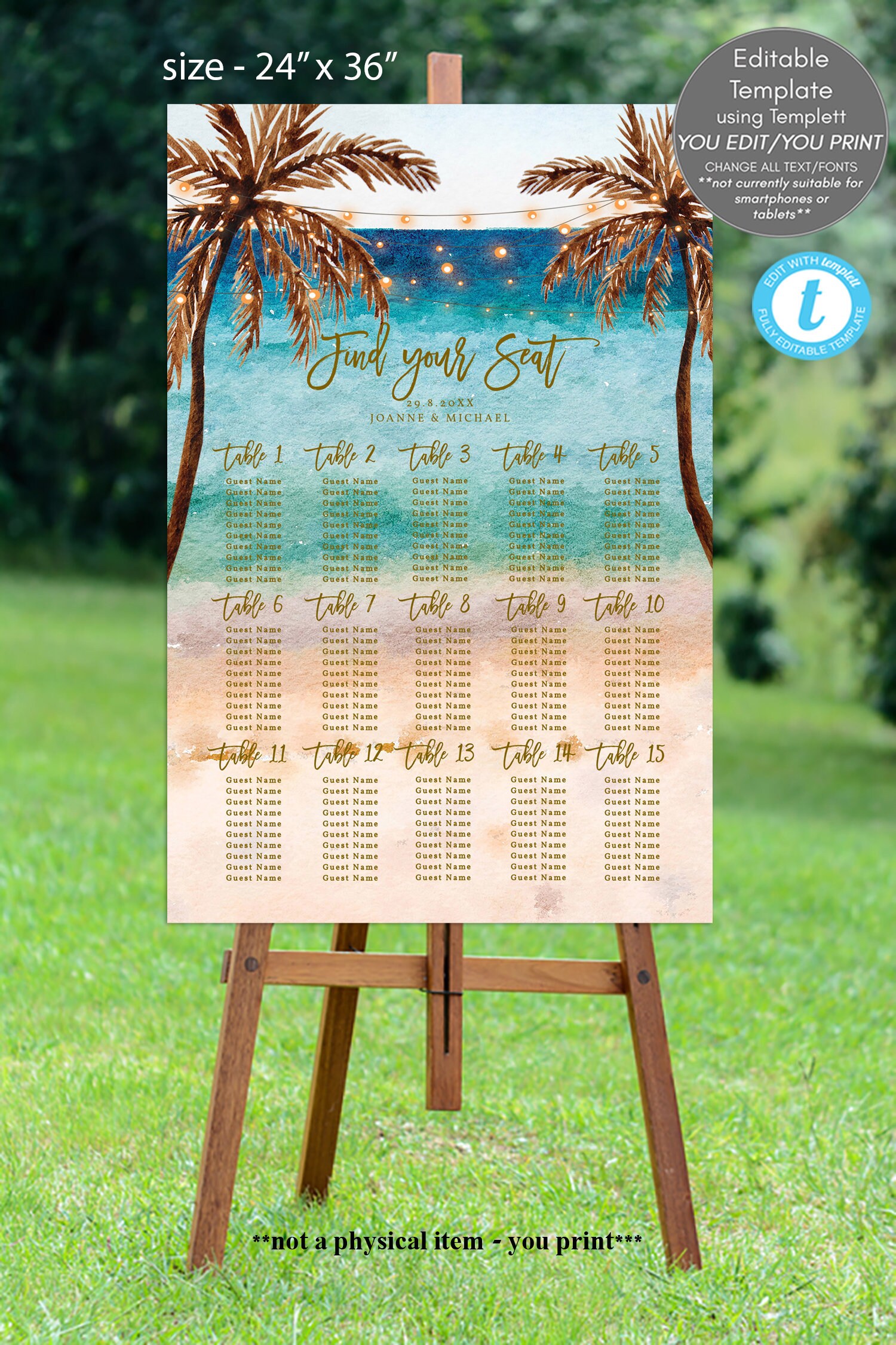 Beach Seating Chart Editable Template, Tropical Seating Chart Sign ...