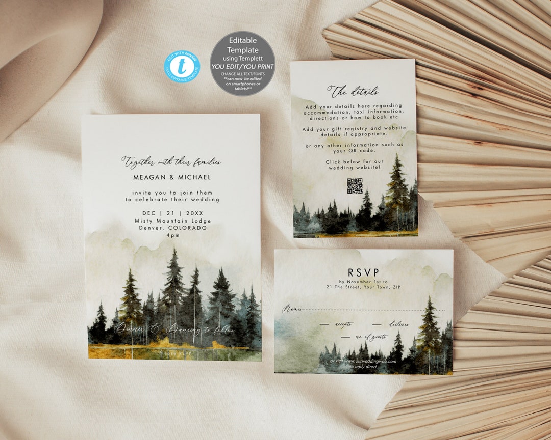 Rustic Fall Forest Wedding Invitation Template, Mountain Wedding ...