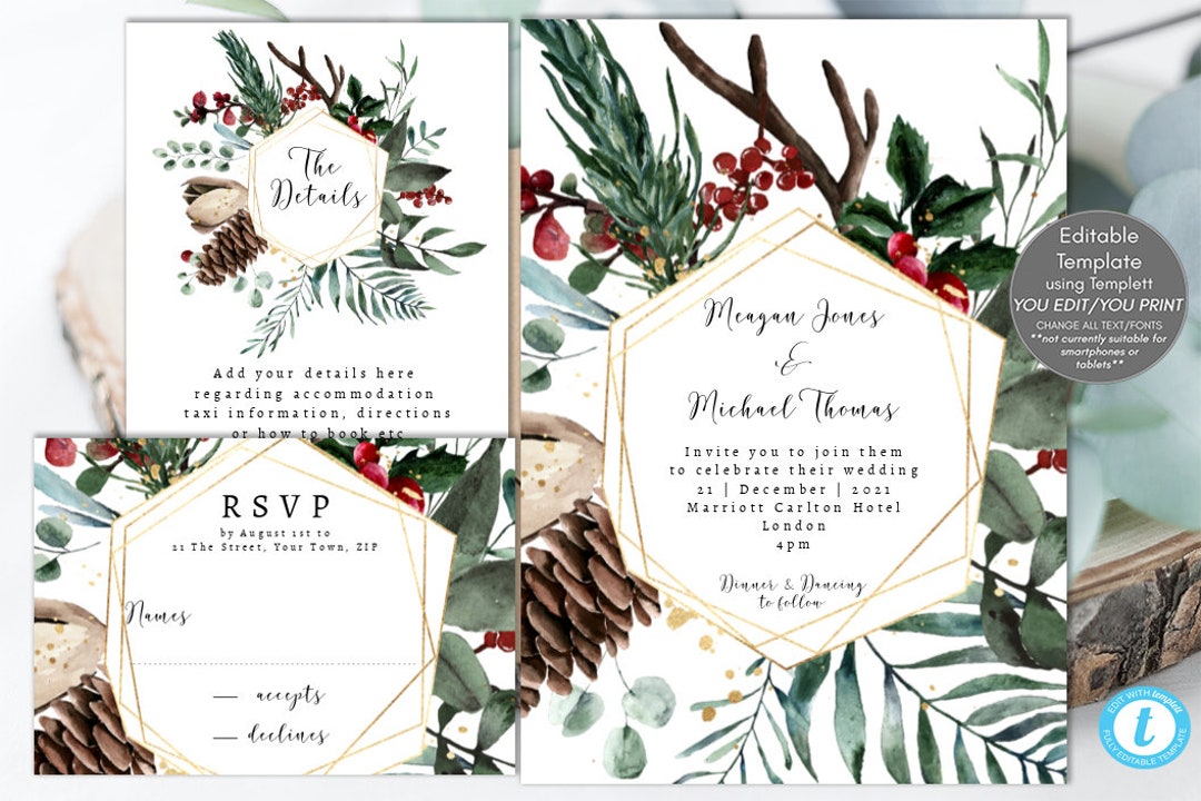 Winter Wedding Invitation Set Editable Templates, Christmas Wedding ...