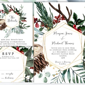 Winter Wedding Invitation Set Editable Templates, Christmas Wedding ...