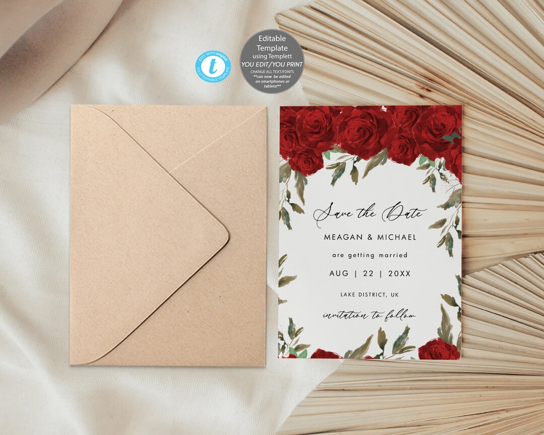 Red Roses Save the Date Template, Editable Save the Date Invitation ...