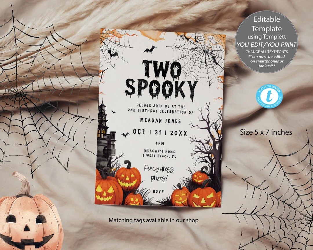 Two Spooky Halloween Party Printable, Editable Halloween 2nd Birthday ...