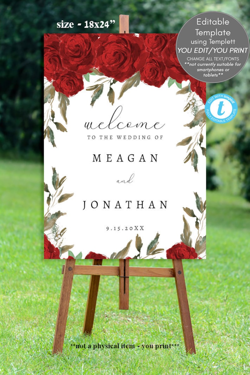 Red roses welcome sign template printable welcome sign | Etsy