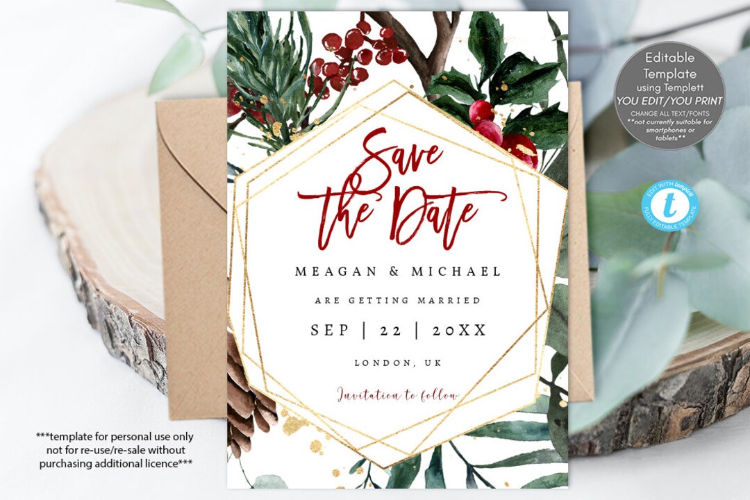 Winter Floral Save the Date Template, Christmas Save the Date ...
