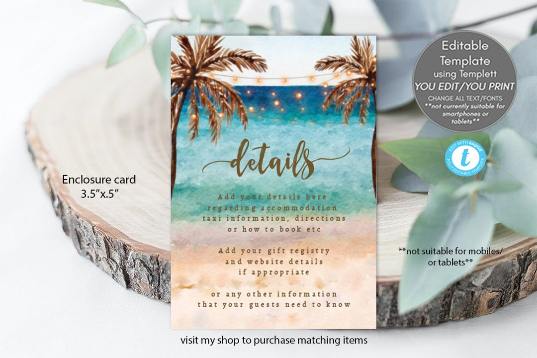 Beach Details Card Editable Template, Editable Beach Enclosure Card ...