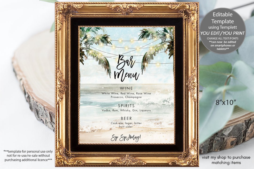 Beach Palms Bar Menu Template, Editable Beach Drinks Sign, Printable ...