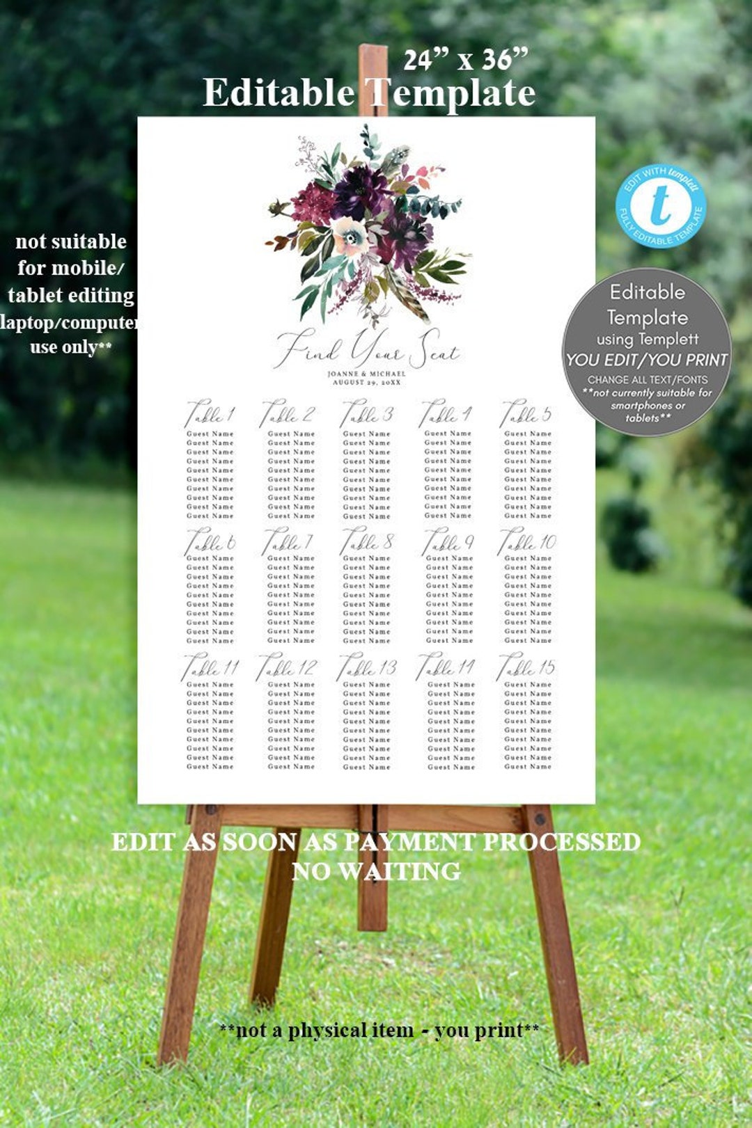 Boho Floral Wedding Seating Chart Template Editable Seating - Etsy