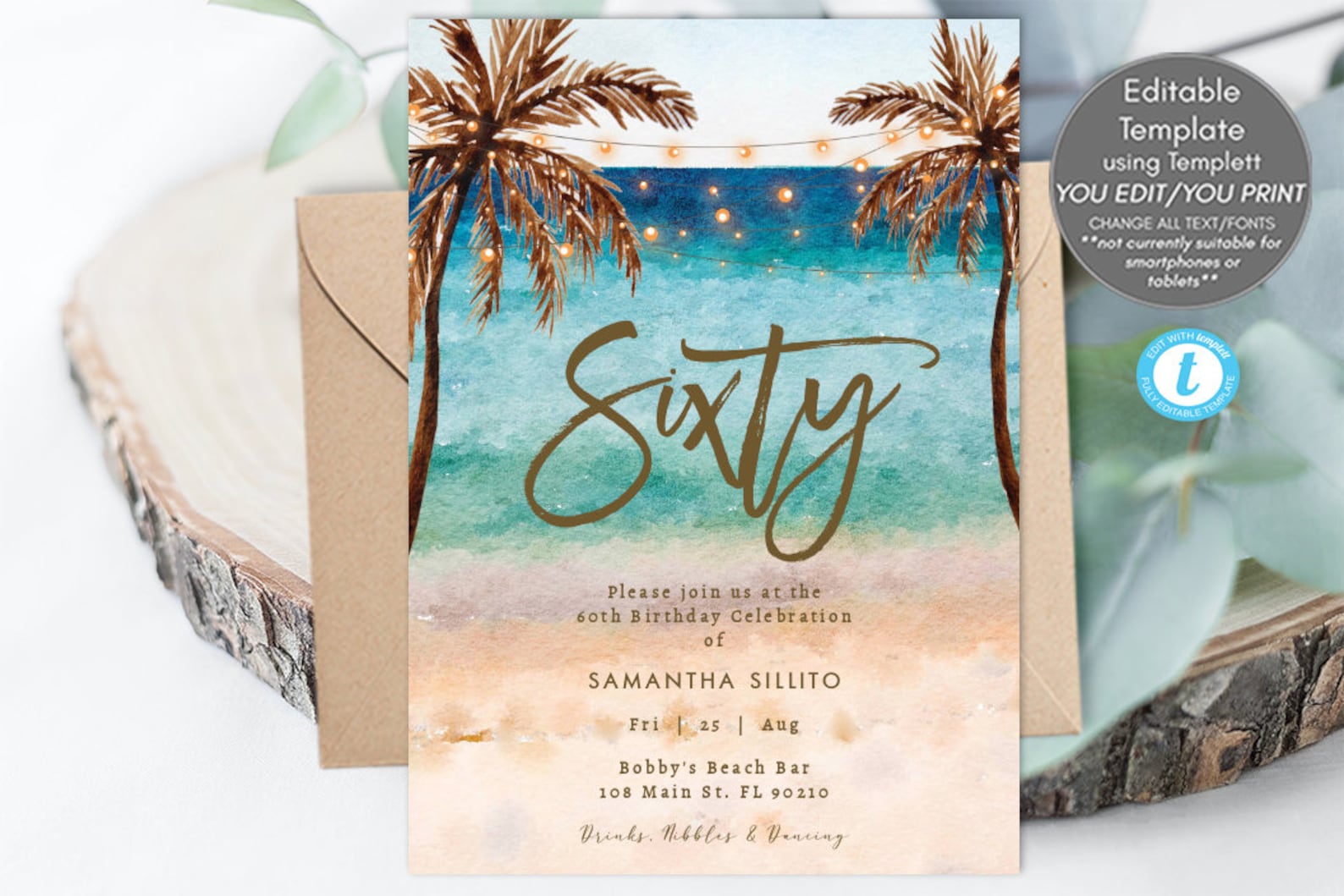 Tropical Beach 60th Birthday Printable, Editable Beach Invitation ...
