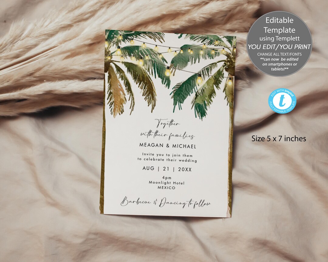 Editable Palm Trees Wedding Invitation, Beach Wedding Invitation ...