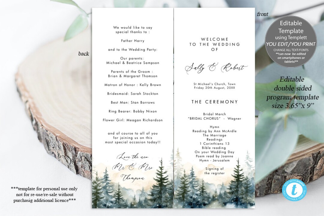 Misty Winter Trees Wedding Program Editable Template, Skinny Winter Wedding Program Template ...
