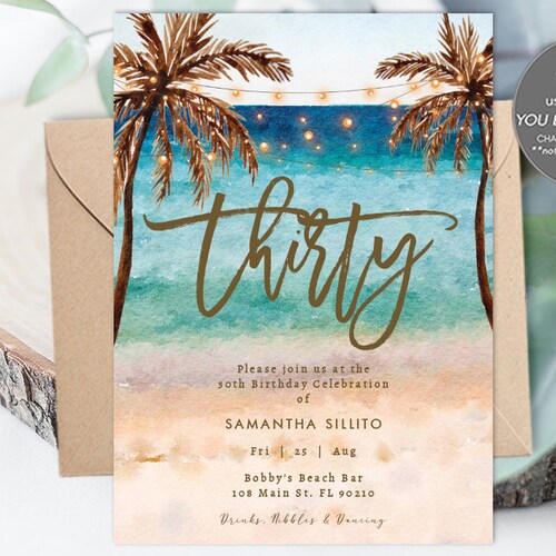 Tropical Beach 30th Birthday Printable Editable Beach - Etsy UK