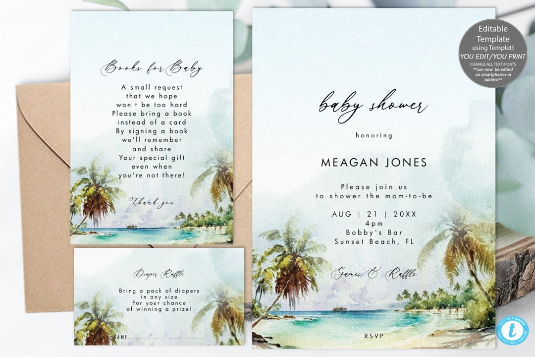 Editable Beach Baby Shower Invitation Set, Beach Baby Shower Template ...