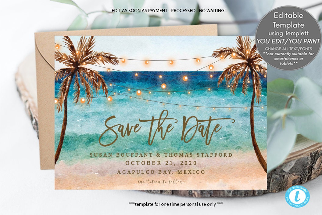 Tropical Beach Save the Date Printable, Editable Beach Save the Date ...
