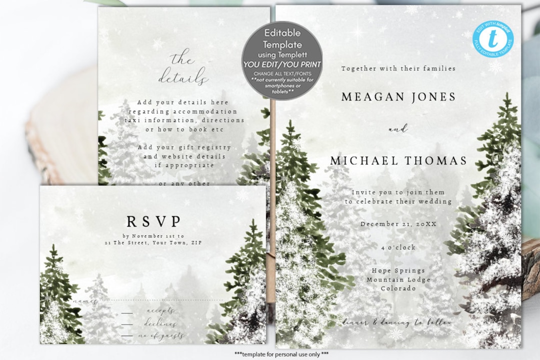 Winter Wedding Invitation Set Editable Templates, Christmas Wedding ...