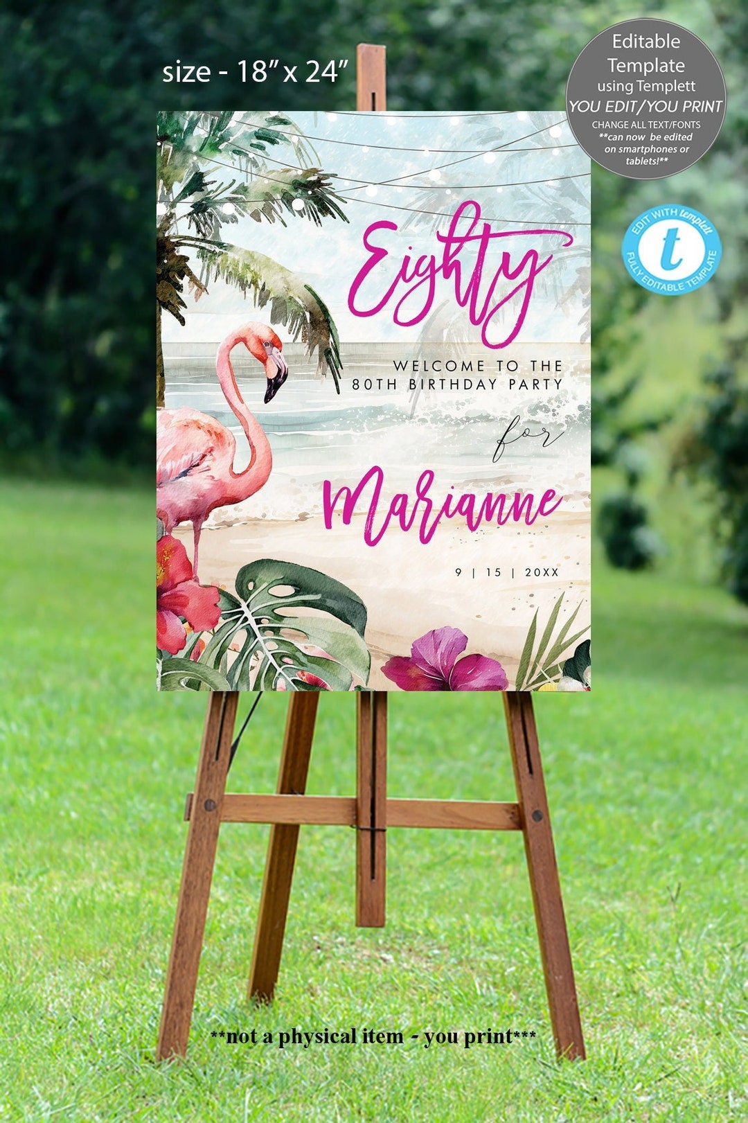 Tropical Beach Eighty Welcome Sign Template, Editable Beach 80 Birthday ...