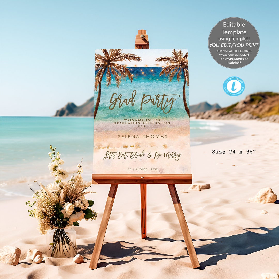 Tropical Beach Graduation Party Welcome Sign Template, Editable Beach ...