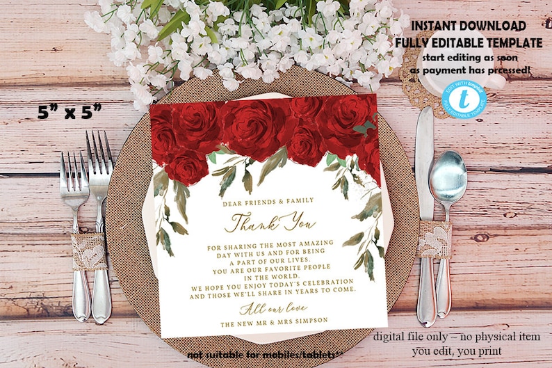 Roses rouges merci carte, imprimable merci, modifiable merci carte ...