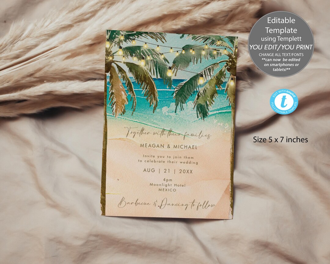 Editable Palm Trees Wedding Invitation, Beach Wedding Invitation ...