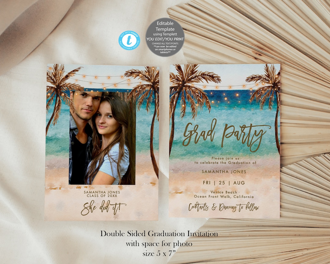 Tropical Beach Grad Party Photo Invitation Printable, Editable Beach ...