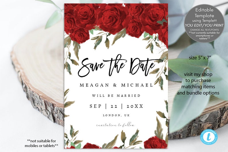 Red Roses Save the Date Template Editable Save the Date - Etsy