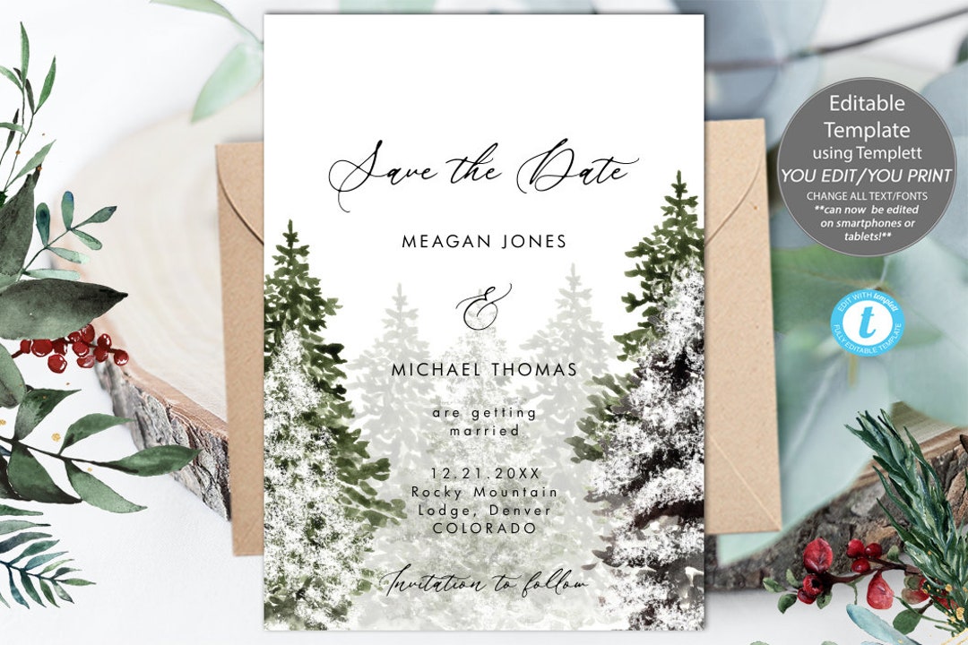 Winter Save the Date Template, Rustic Trees Save the Date Invitation Printable, Christmas Save ...