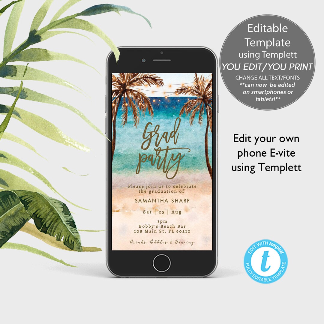 Tropical Beach Grad Party Electronic Template, Editable Beach Grad ...