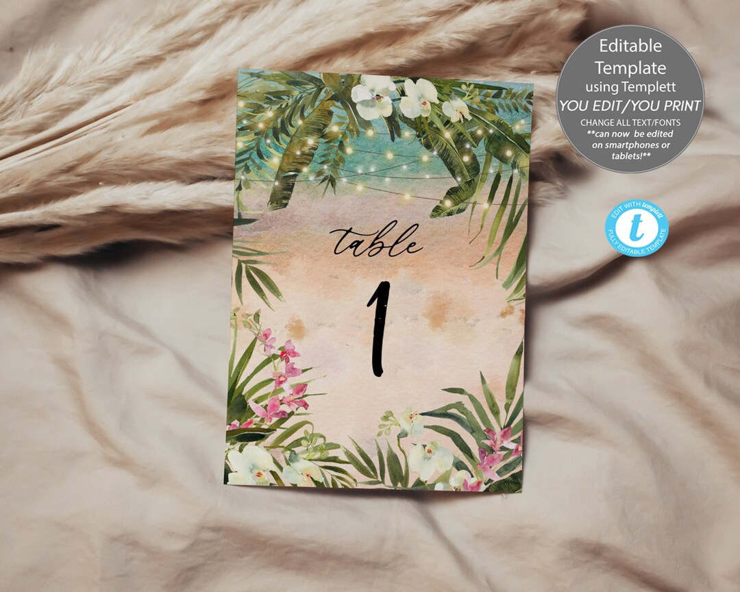 Tropical Table Numbers Editable Template, Tropical Wedding Table ...
