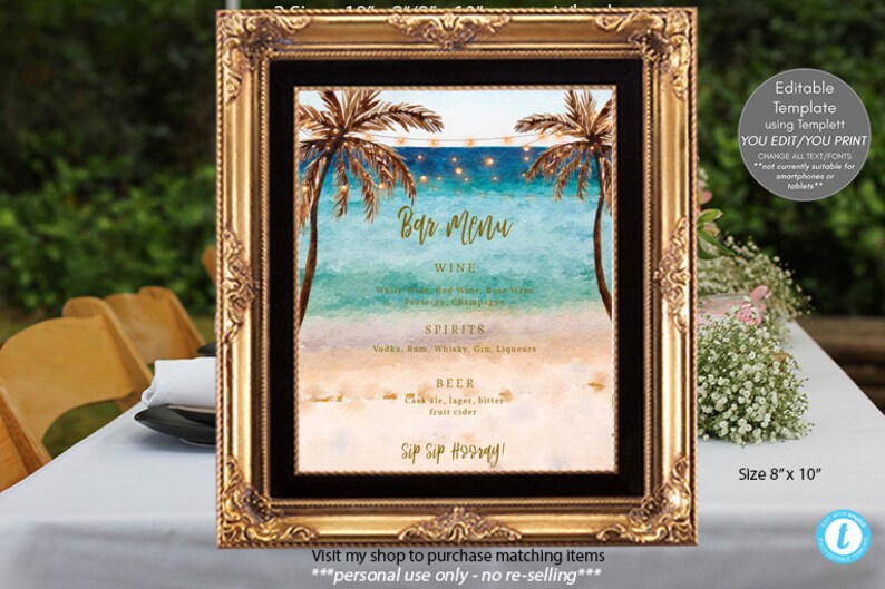 Beach Bar Menu Template, Editable Beach Drinks Sign, Printable Bar Menu ...