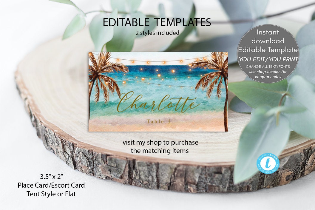 Beach Editable Place Cards, Beach Placecards Editable, Editable Beach ...