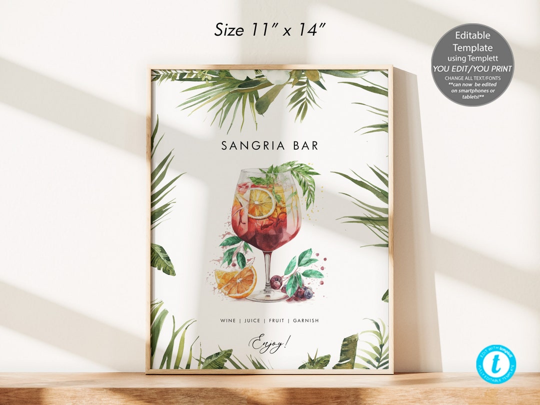 Sangria Cocktail Sign Editable Template, Editable Bar Sign, Editable Sangria Bar Sign, Templett ...
