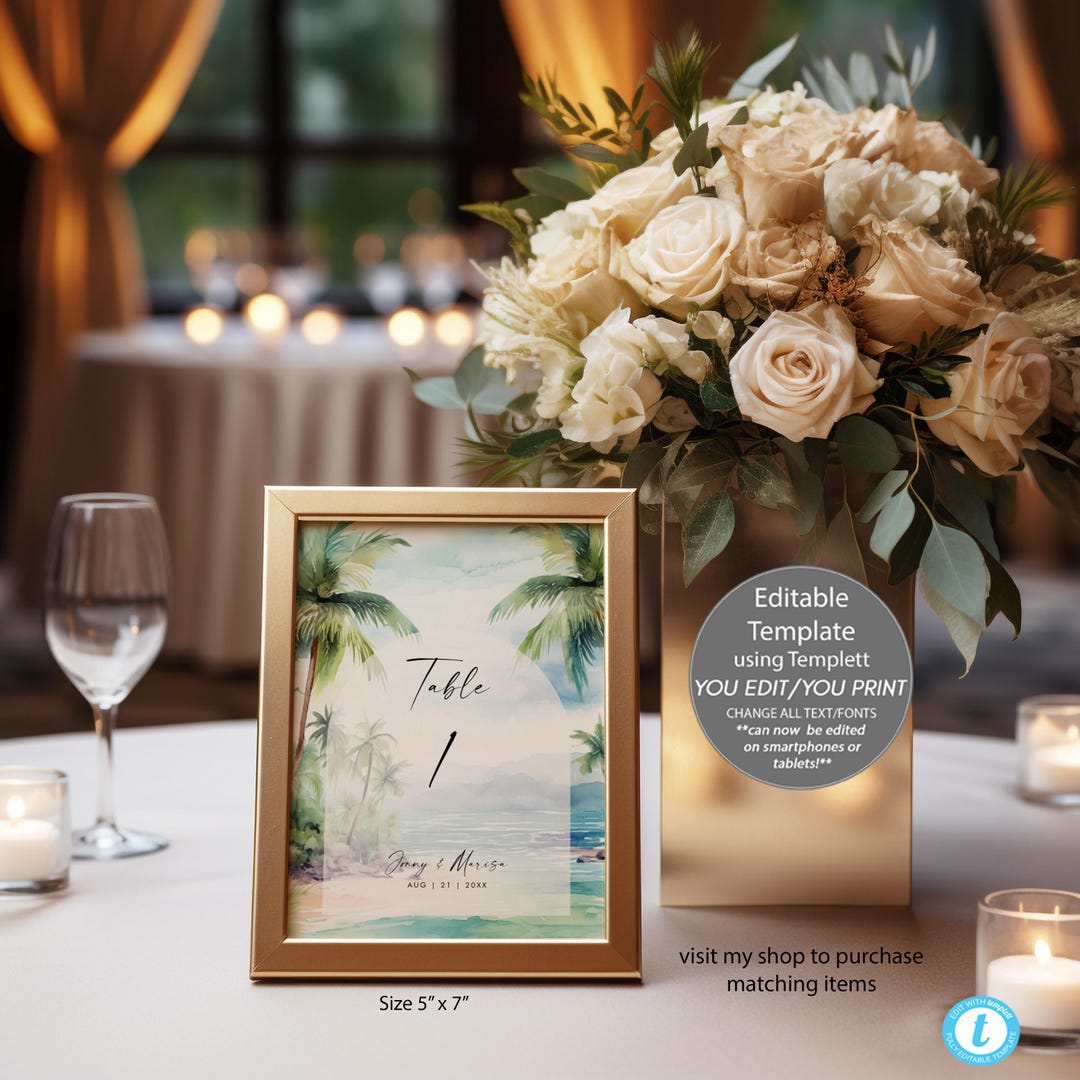 Beach Table Numbers Editable Template, Tropical Wedding Table Numbers ...