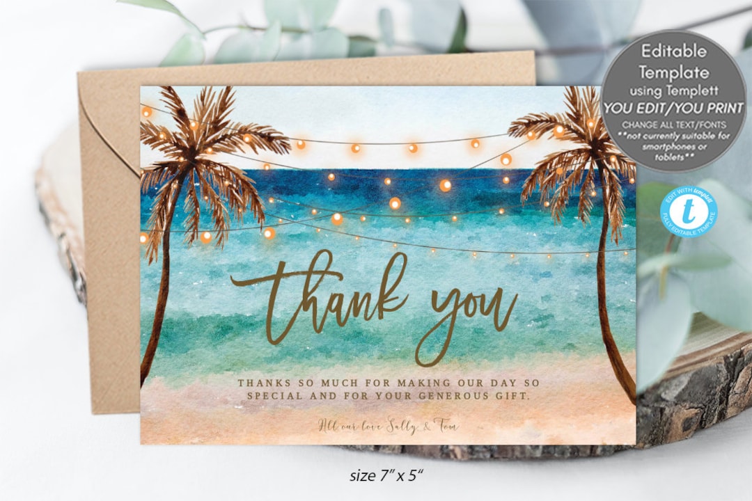 Tropical Beach Flat Thank You Card Editable Template, Printable Beach ...