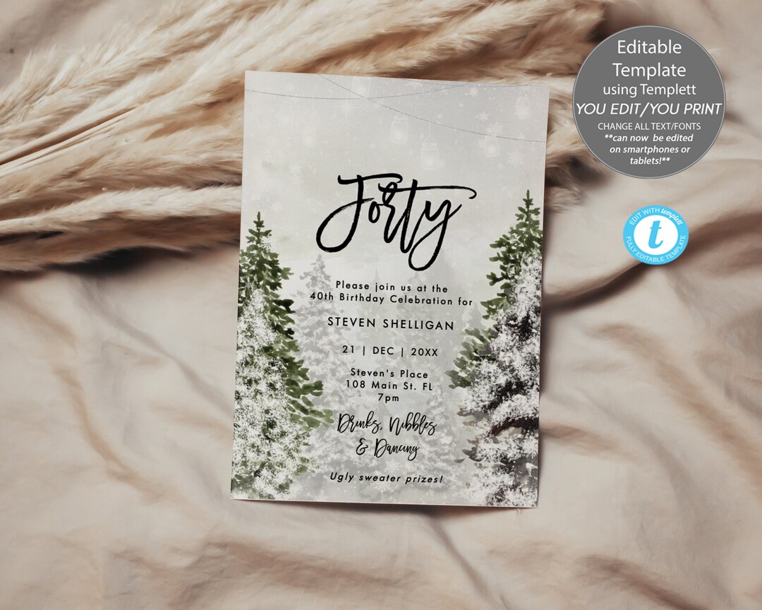 Winter 40th Birthday Invitation Template, Christmas Birthday Invitation ...