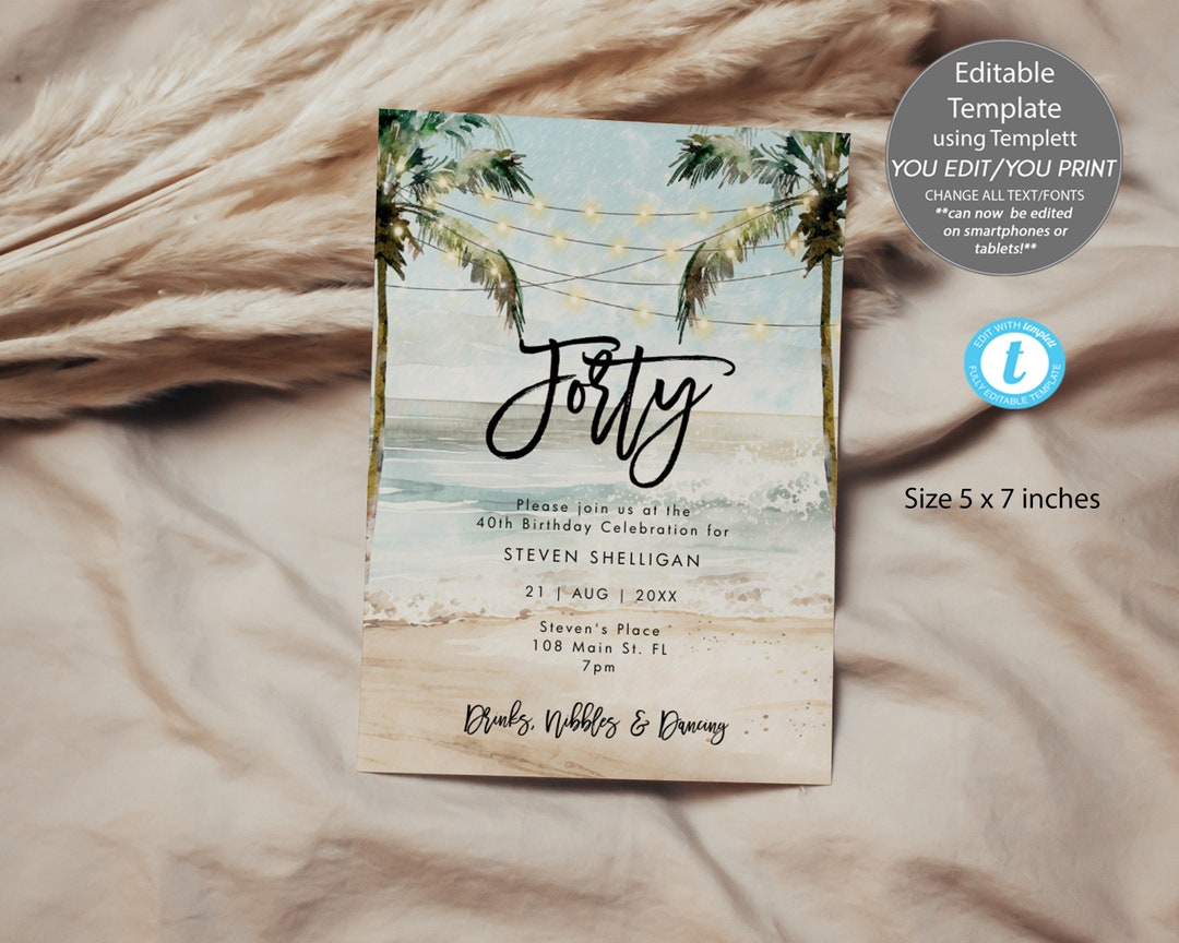 Tropical Beach Palms 40th Birthday Printable, Editable Beach Invitation ...