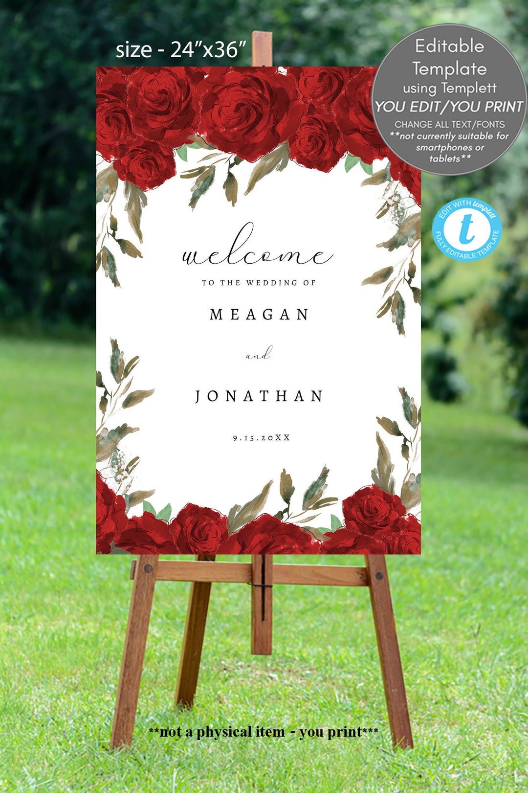 Red Roses Welcome Sign Template, Printable Welcome Sign, Floral Welcome ...