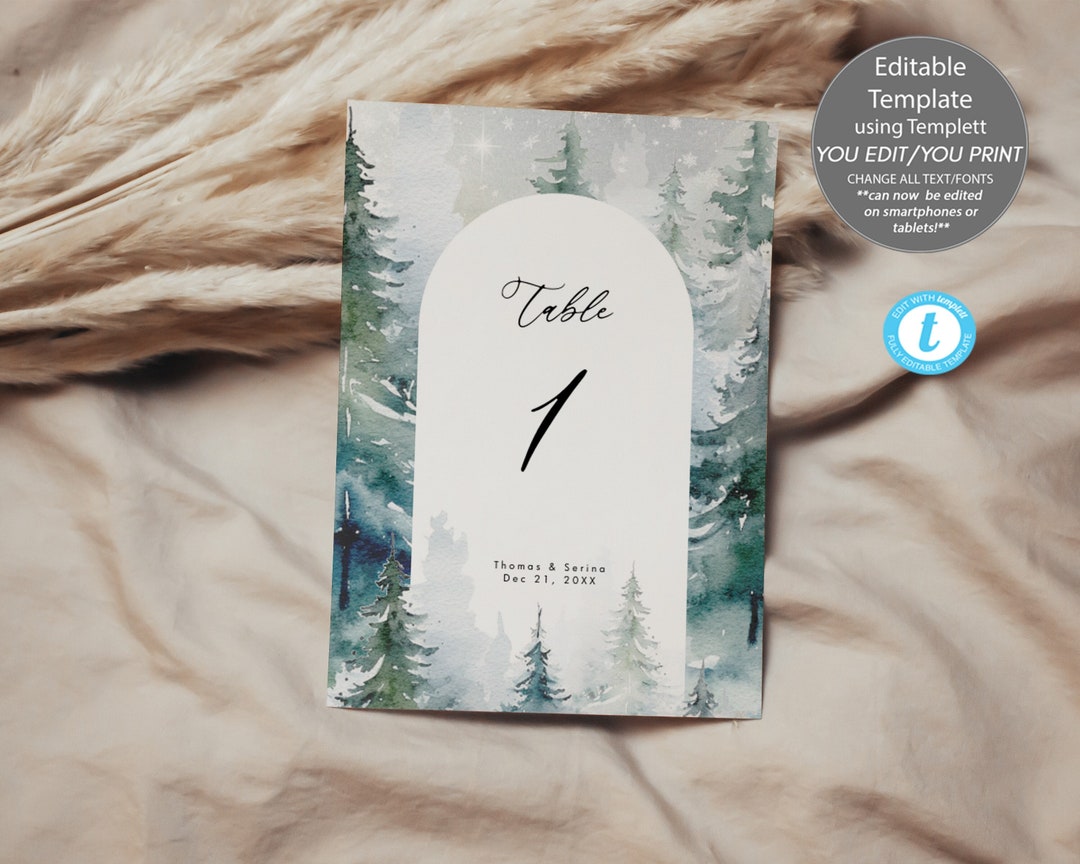 Winter pine trees table numbers editable template, whimsical winter ...