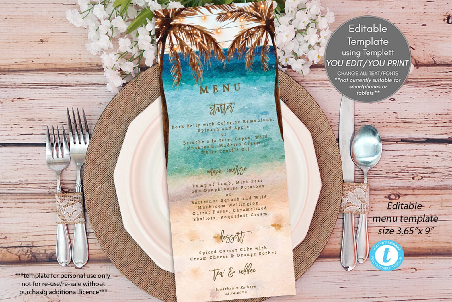 Beach Wedding Menu Printable Beach Wedding Menu Editable | Etsy