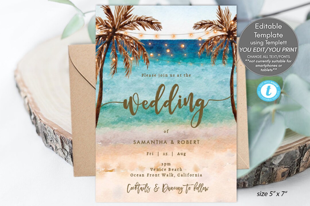 Editable Beach Wedding Invitation, Beach Wedding Invitation Editable ...