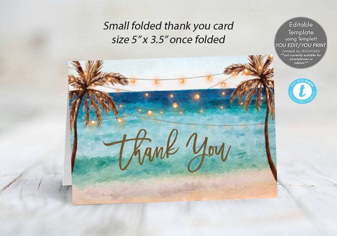 Tropical Beach Small Folded Thank You Card Editable Template, Printable ...