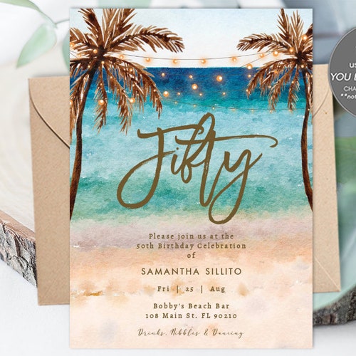 Tropical Beach 50th Birthday Printable Editable Beach - Etsy